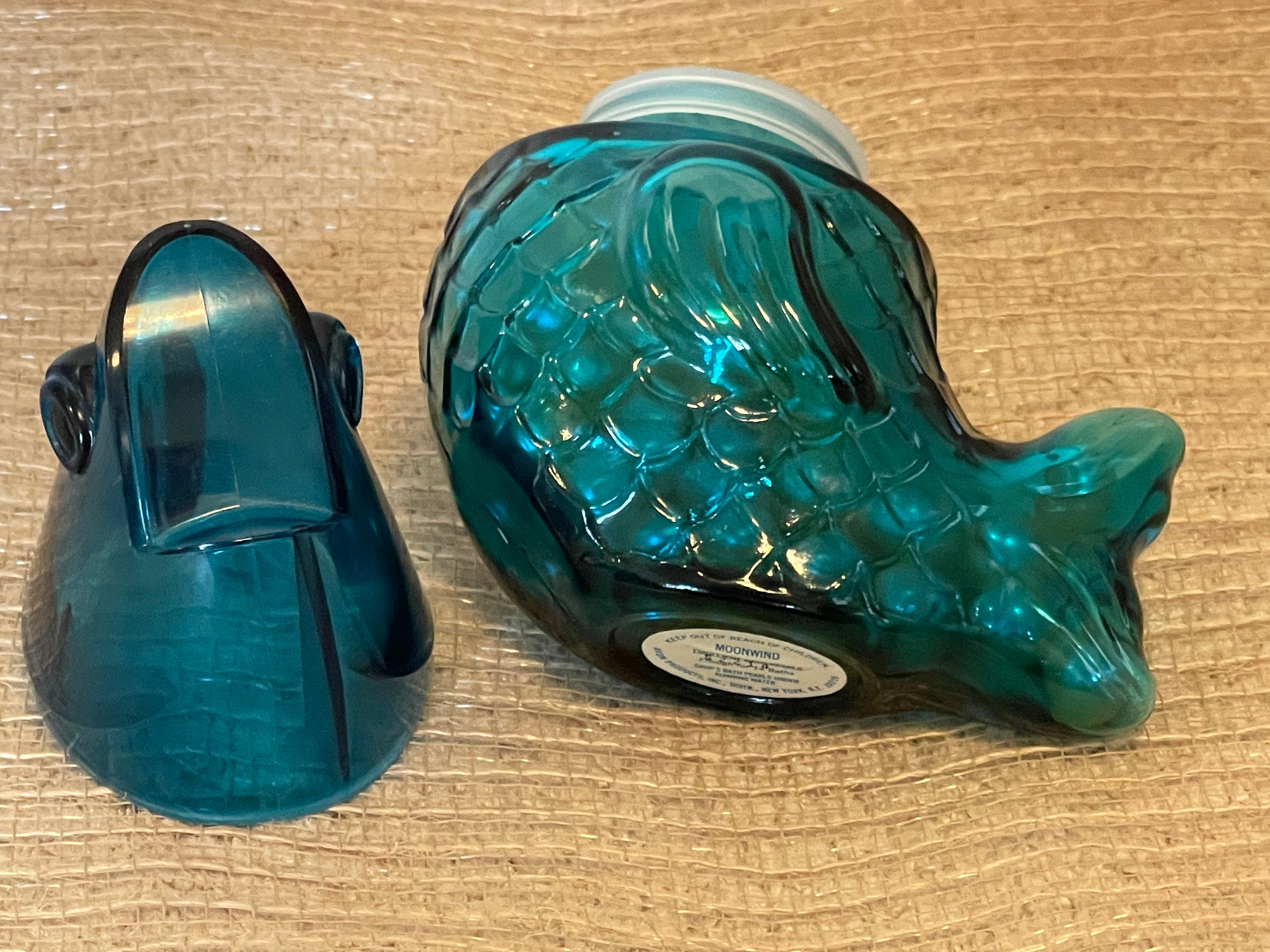 Vintage Avon 1970s Blue Glass Fish Shaped Bath Oil Bottle With Plastic ...