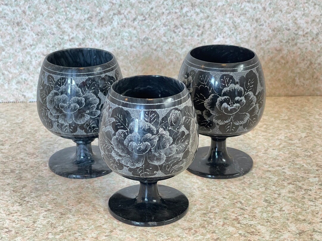 Set of Three Black Hand Carved/etched Natural Stone Goblets - Etsy