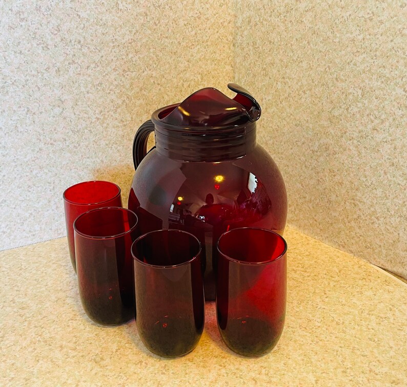 Anchor Hocking Royal Ruby 86 Oz Pitcher With Four Tumblers - Etsy