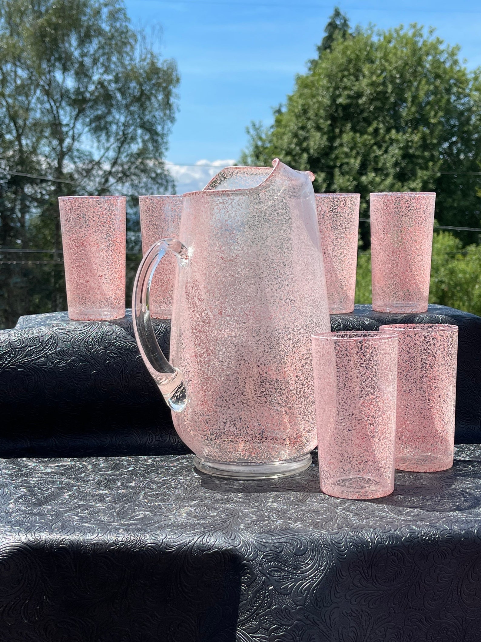 Libbey Pink Spatter Pitcher With Six Tumblers Drink Set - Etsy