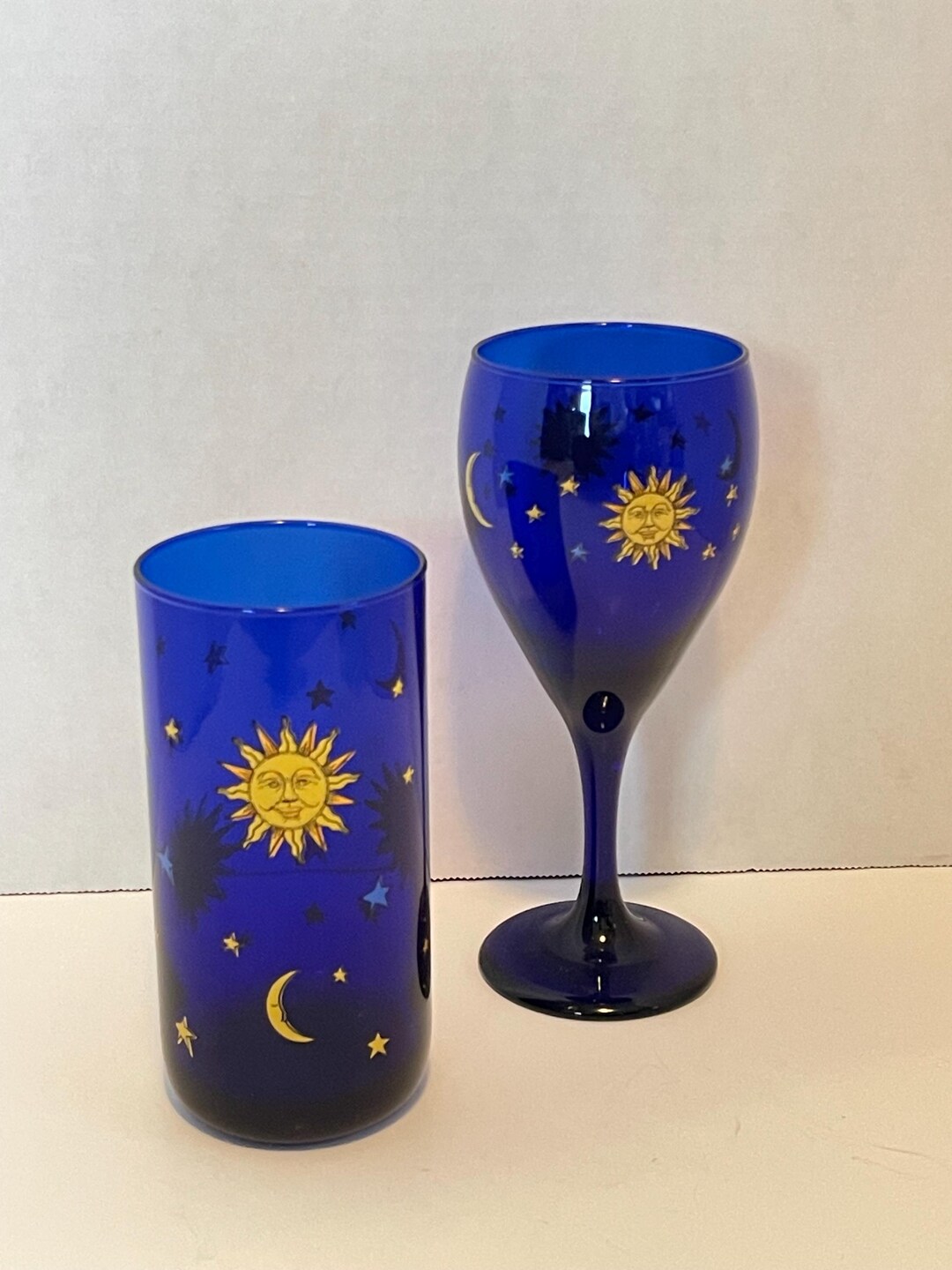 Libbey Glass Celestial Cobalt Blue With Yellow Sun, Moon, and Stars ...