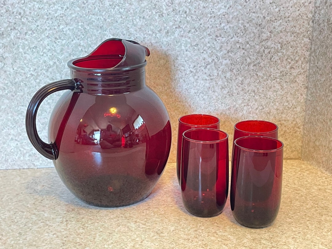 Anchor Hocking Royal Ruby 86 Oz Pitcher With Four Tumblers - Etsy