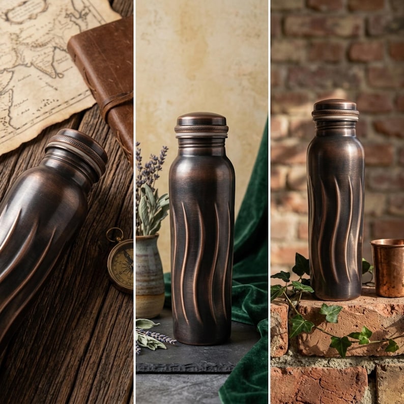 Pure Copper Water Bottle, 900ml Wave Twist Design | Dark Antique Finish ...