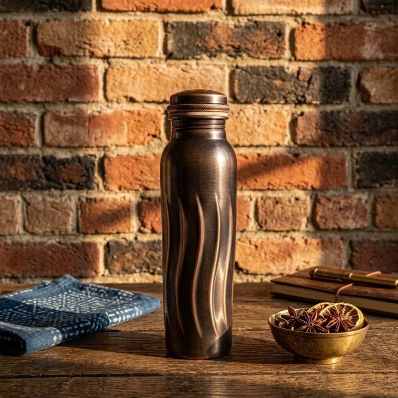 Pure Copper Water Bottle, 900ml Wave Twist Design | Dark Antique Finish ...