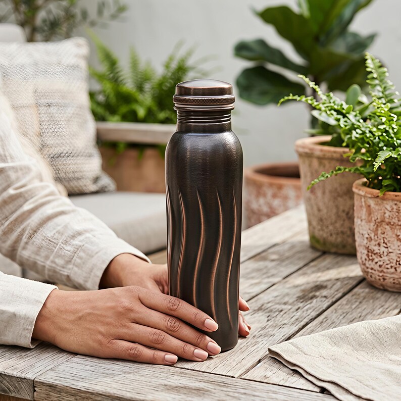 Pure Copper Water Bottle, 900ml Wave Twist Design | Dark Antique Finish ...