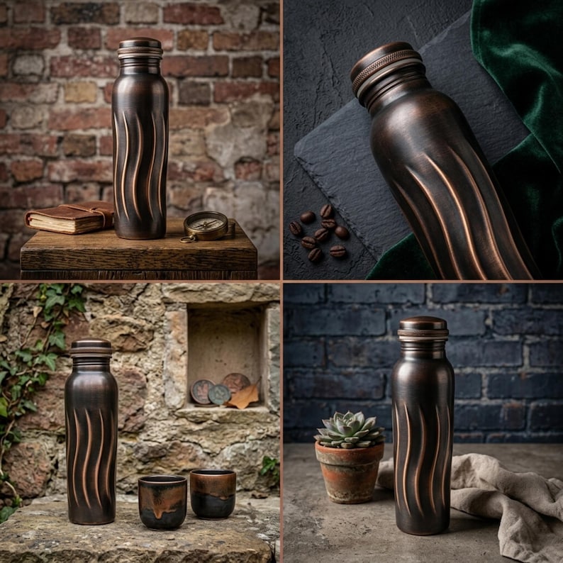 Pure Copper Water Bottle, 900ml Wave Twist Design | Dark Antique Finish ...