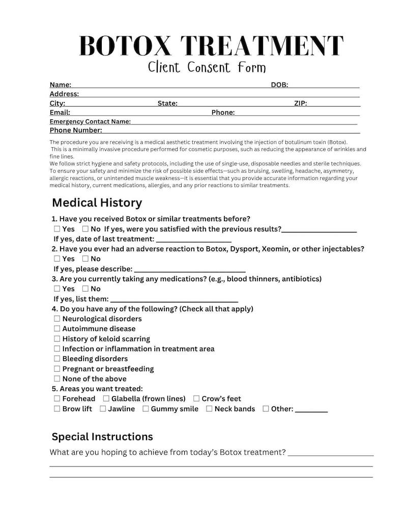 Botox Consent Form Editable Template | Aesthetic Client Intake Form ...