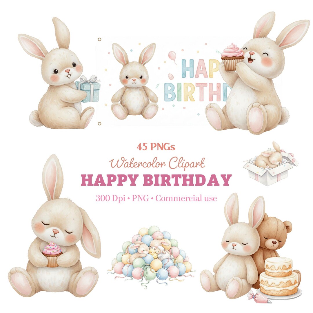 Birthday Bunny Clipart Set 45 PNG, Watercolor Rabbit Party Invitation ...