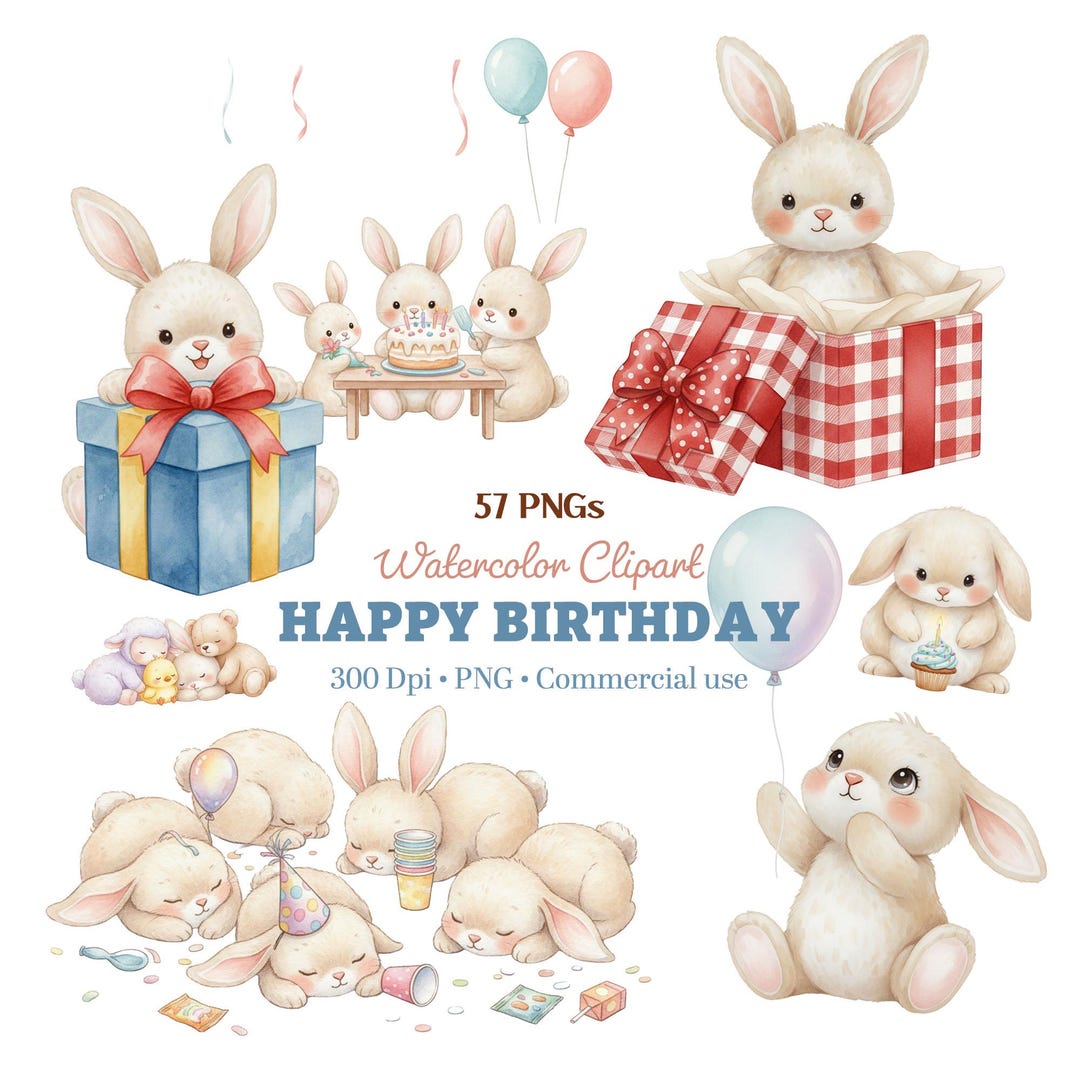 Birthday Bunny Clipart Set 57 PNG, Watercolor Rabbit Party Invitation ...