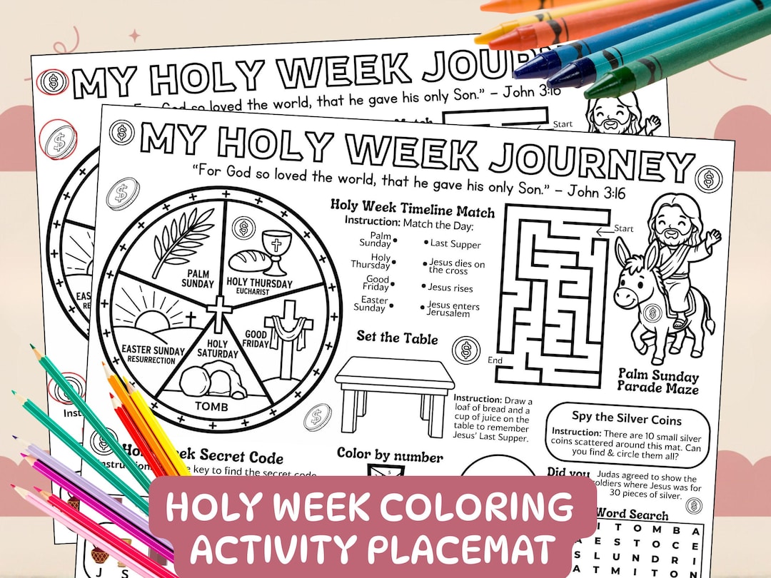 Holy Week Journey Activity Placemat for Kids, Catholic Easter Coloring ...