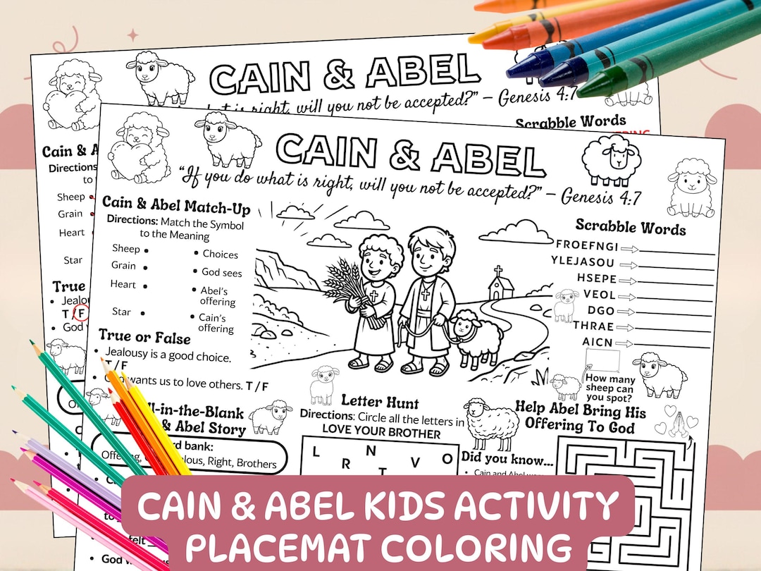 Cain and Abel Activity Placemat Kids Bible Story Printable Catholic ...