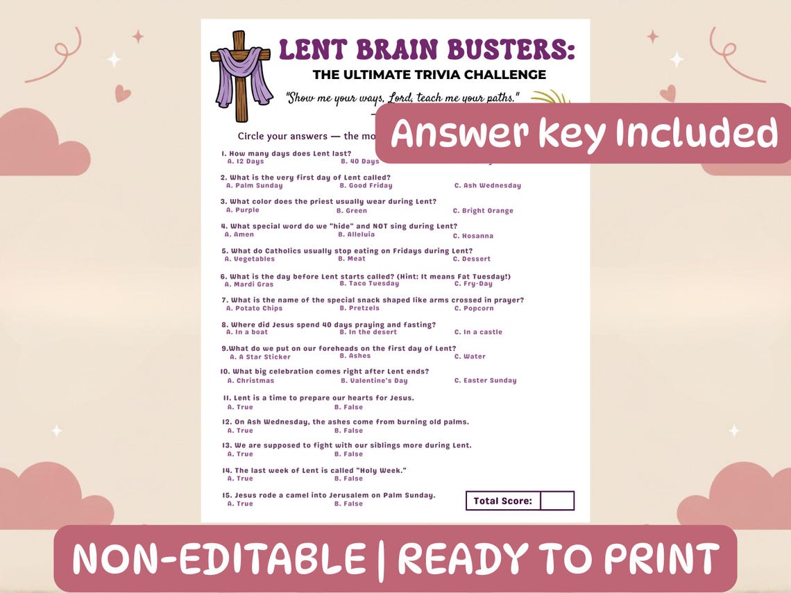 Lent Trivia Bible Quiz Kids Catholic Sunday School Printable Religious ...