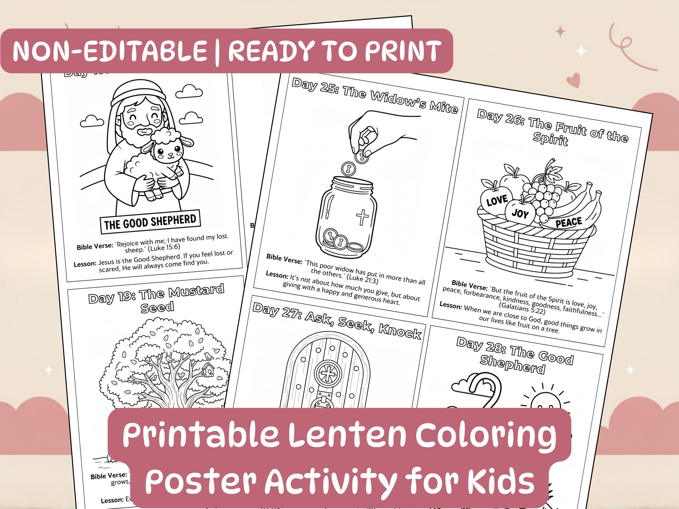 40 Days Lenten Countdown Coloring Poster for Kids Activity Sheet ...