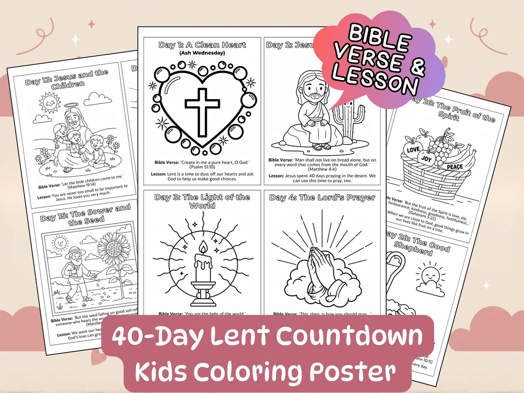 40 Days Lenten Countdown Coloring Poster for Kids Activity Sheet ...
