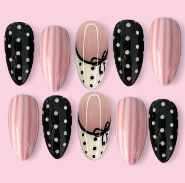 Pink Stripe Press-on Nails, Black Polka Dot Bow Accent - Etsy