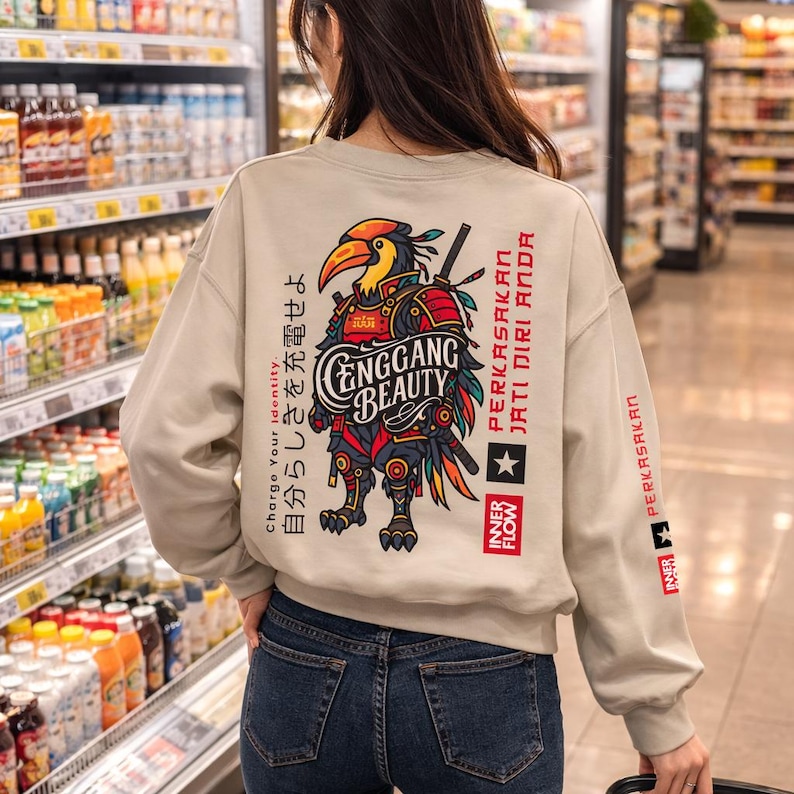 Vibrant Bird Warrior Enggang Beauty Sweatshirt | Japanese Text, Graphic ...
