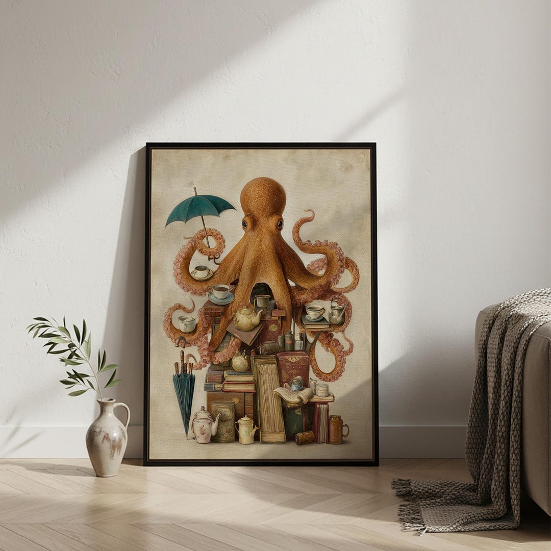 Surreal Octopus Framed Canvas Wall Art, Vintage Library Still Life ...