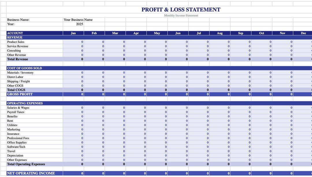 Small Business Profit and Loss Template | Monthly P&L Spreadsheet ...