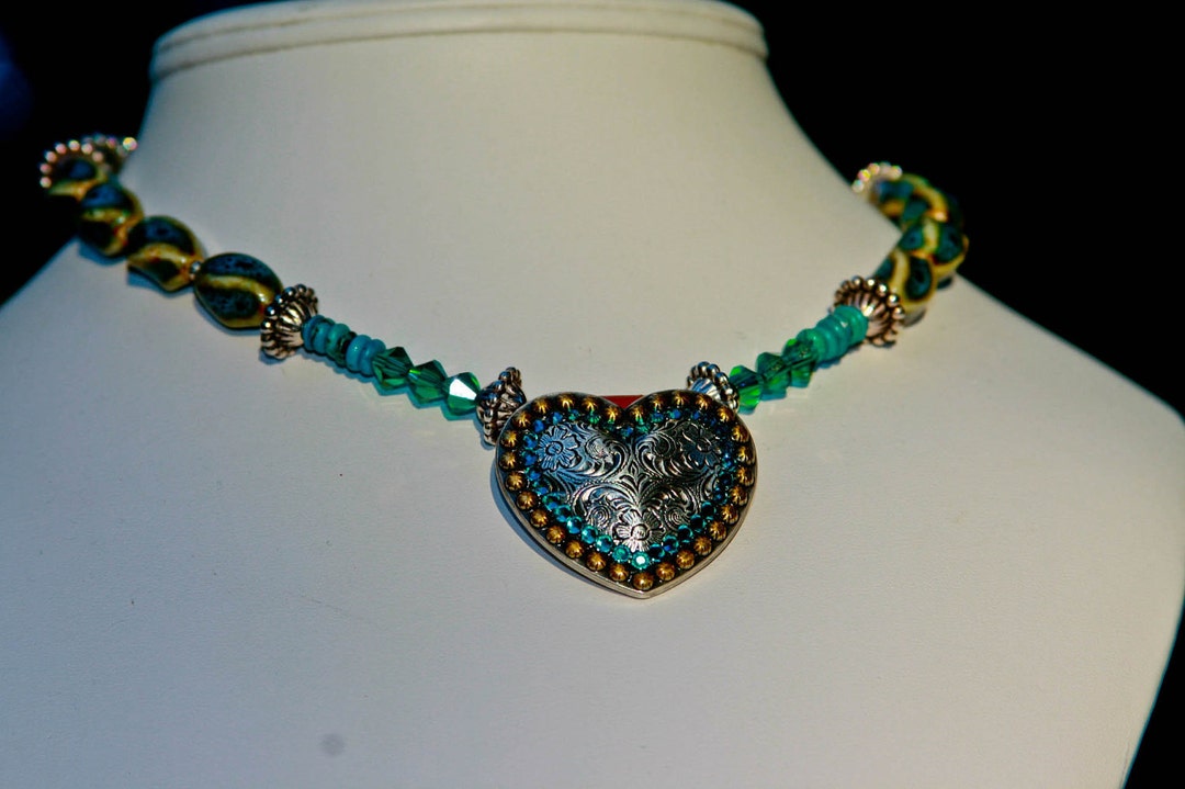 Turquoise Heart Concho Necklace Rodeo Cowgirl Country Western Wedding ...