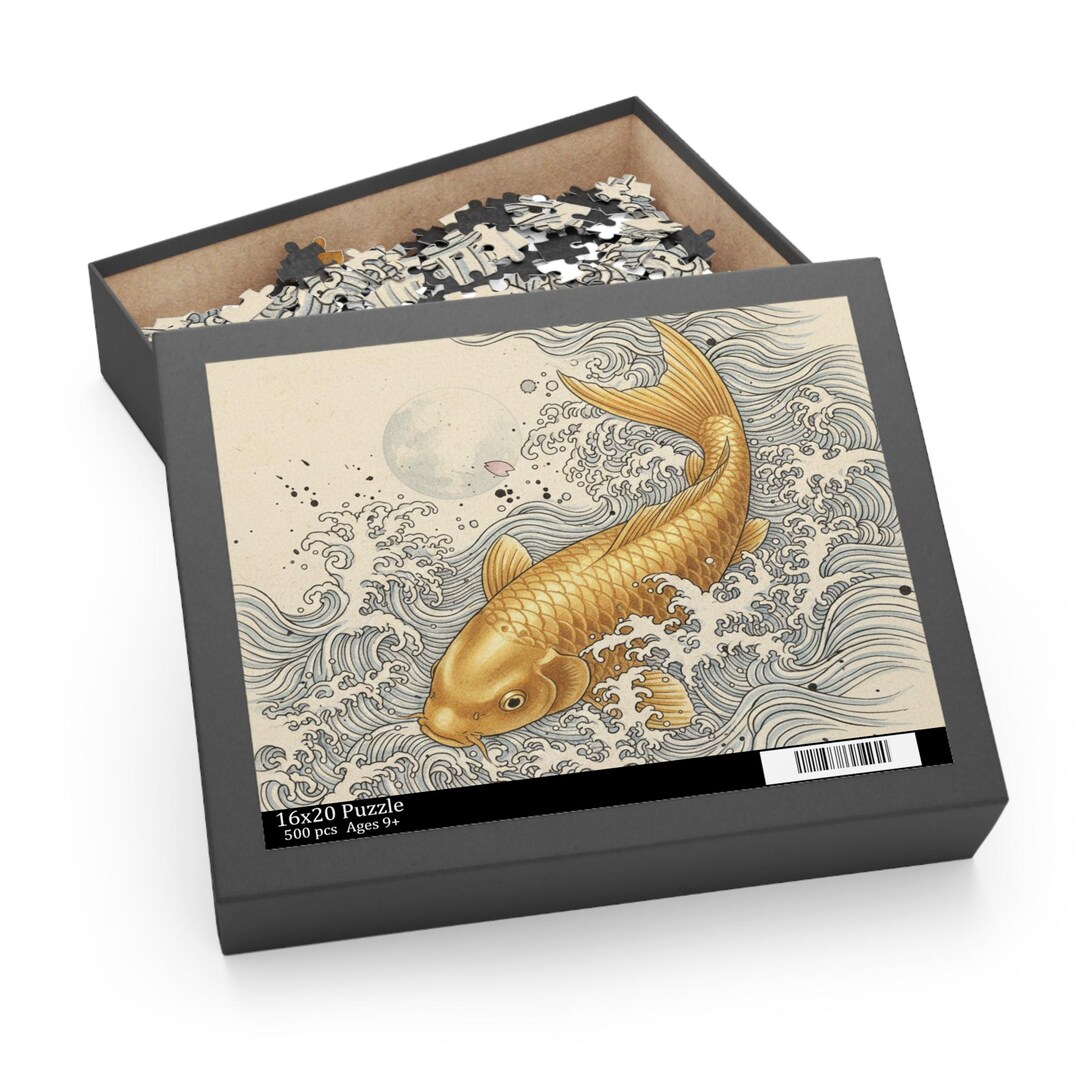 Golden Koi Fish Puzzle | Japanese Wave Art Jigsaw - Etsy