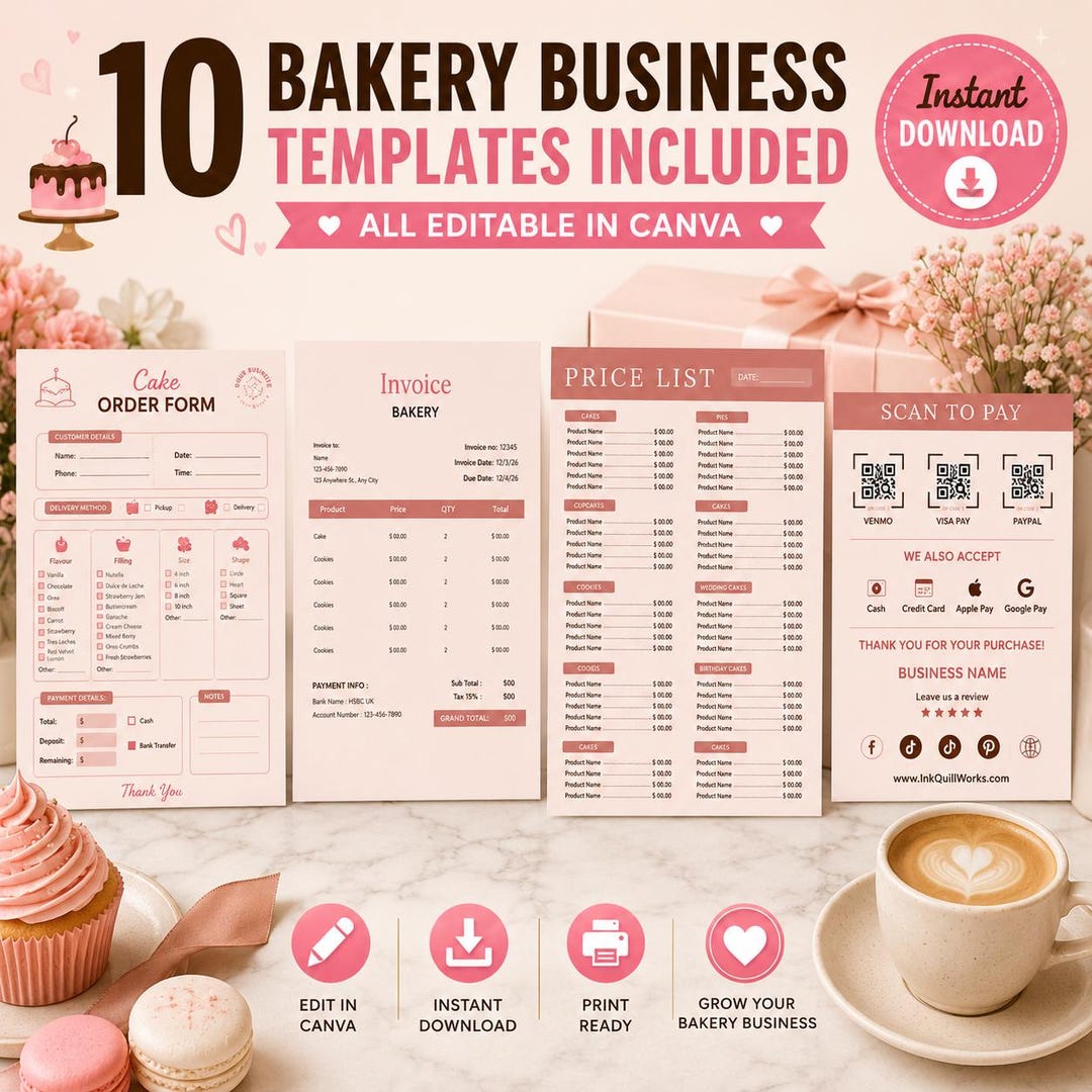 Bakery Business Canva Template Bundle 10 Templates, Cake Order Form ...