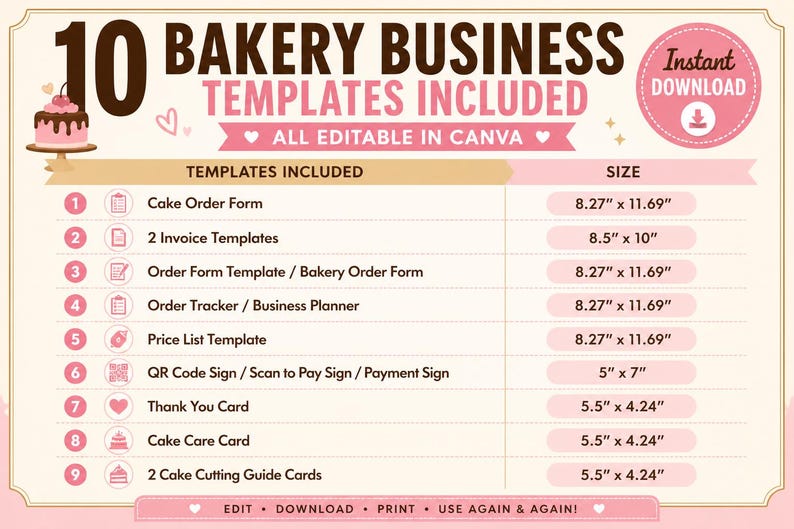 Bakery Business Canva Template Bundle 10 Templates, Cake Order Form ...