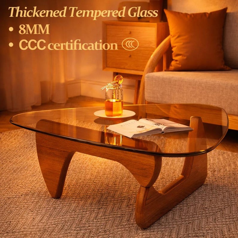 Mid-century Modern Triangle Coffee Table, Walnut Base, Tempered Glass ...