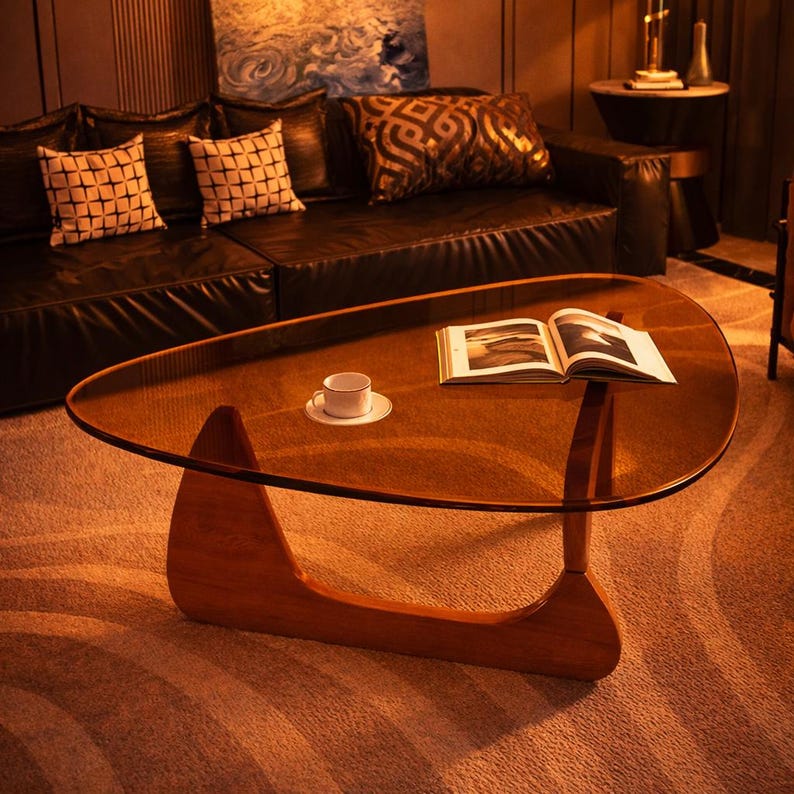 Mid-century Modern Triangle Coffee Table, Walnut Base, Tempered Glass ...