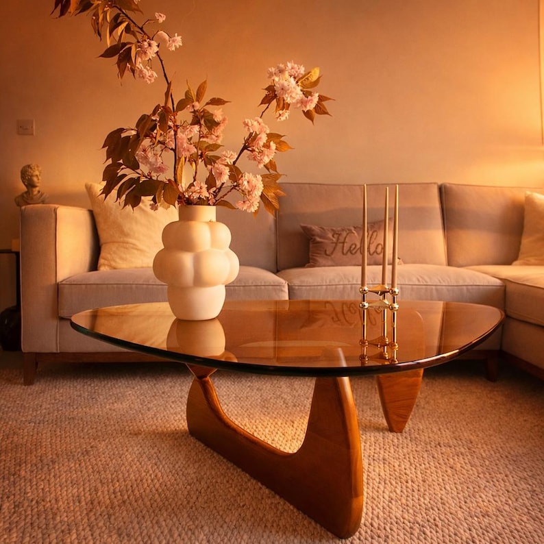 Mid-century Modern Triangle Coffee Table, Walnut Base, Tempered Glass ...