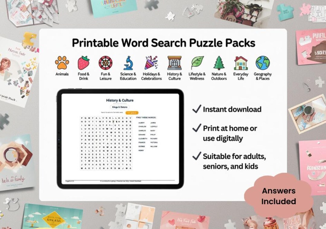 Printable Word Search Puzzle Bundle – 100 Themed Puzzles, Sudoku Bonus ...