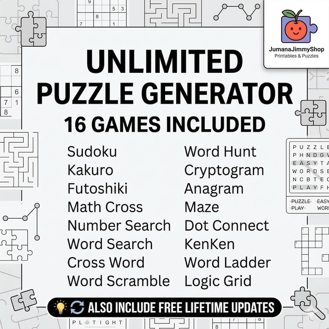 Unlimited Puzzle Generator Bundle – 16 Logic, Word, Fun Puzzles | FREE ...