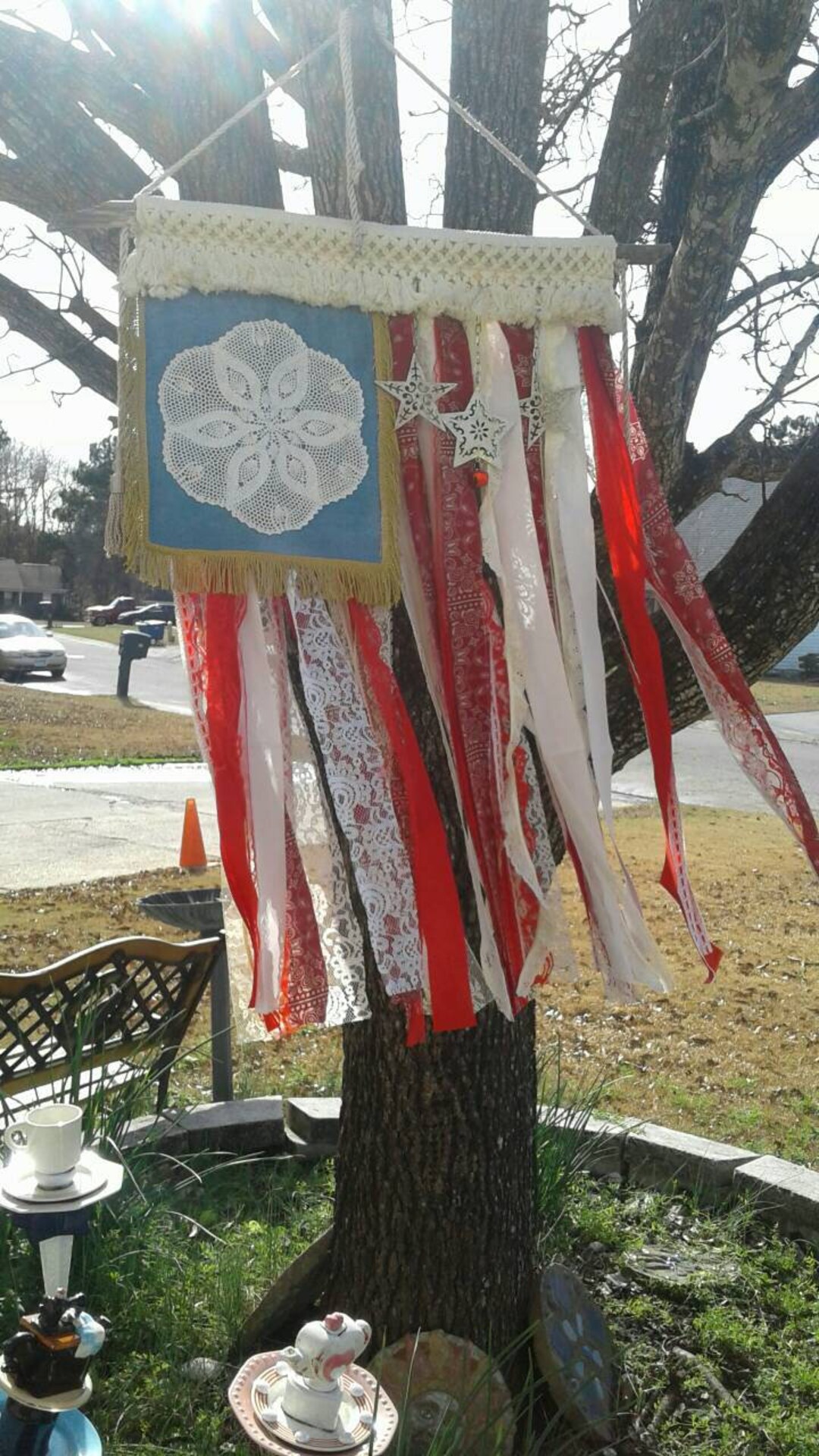 Boho Flag, Red White and Blue, Peace Flag, Rag Flag, Denim and Doily ...