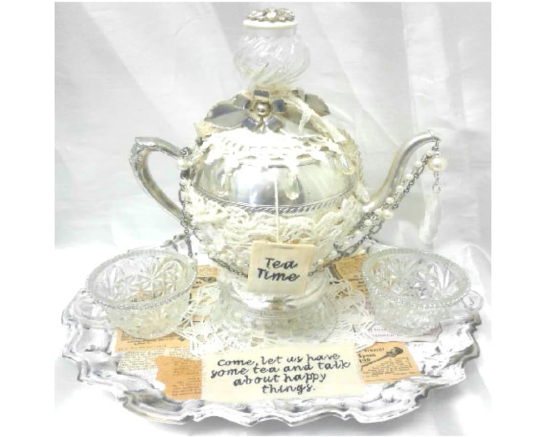 Repurposed Silver Teapot, Tea Set, Decoupage Ephemera Tray, Upcycled ...