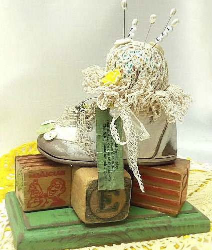 Repurposed Baby Shoe, Vintage Pin Cushion, Wooden Baby Blocks, Crochet ...