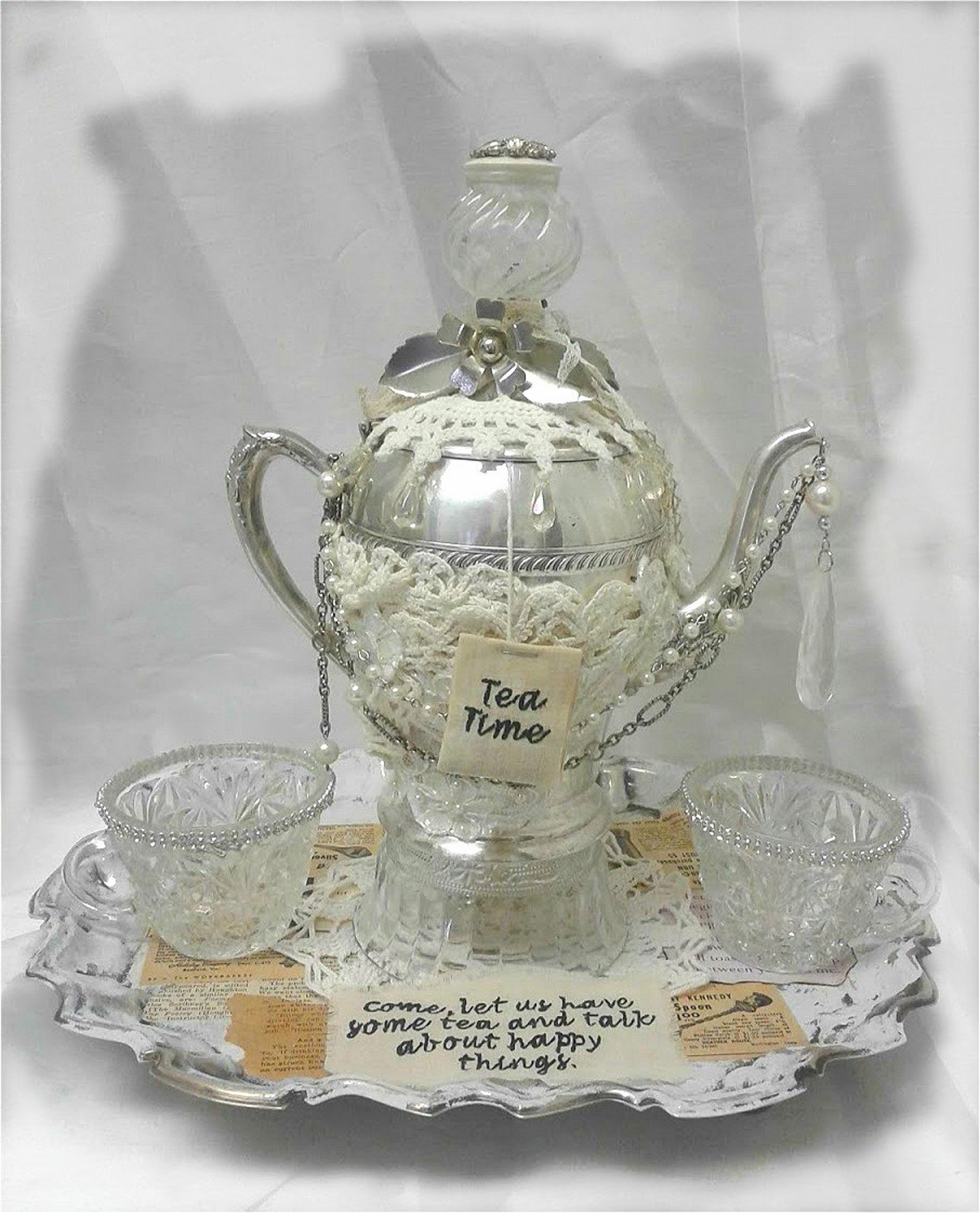 Repurposed Silver Teapot Tea Set Decoupage Ephemera Tray | Etsy