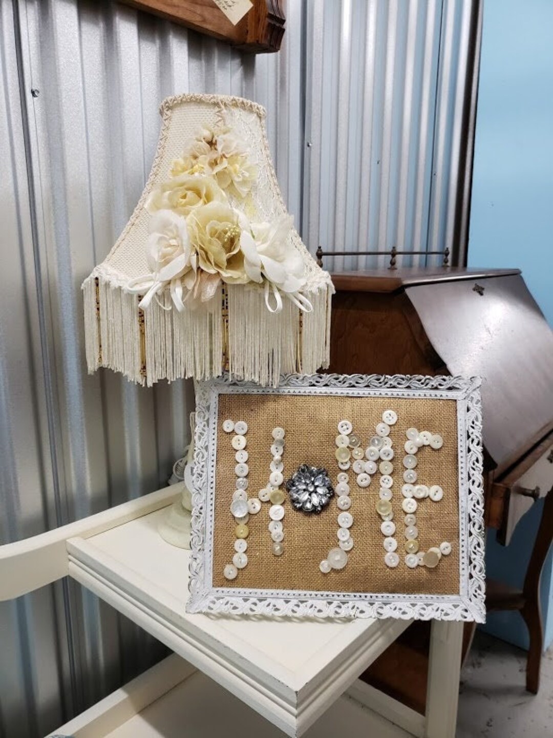 Farmhouse Home Sign, Metal Scroll Frame, Vintage Pearl Buttons, Burlap ...