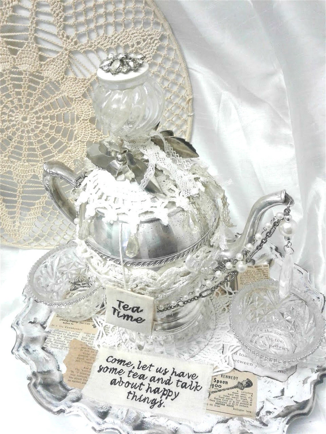 Repurposed Silver Teapot Tea Set Decoupage Ephemera Tray | Etsy