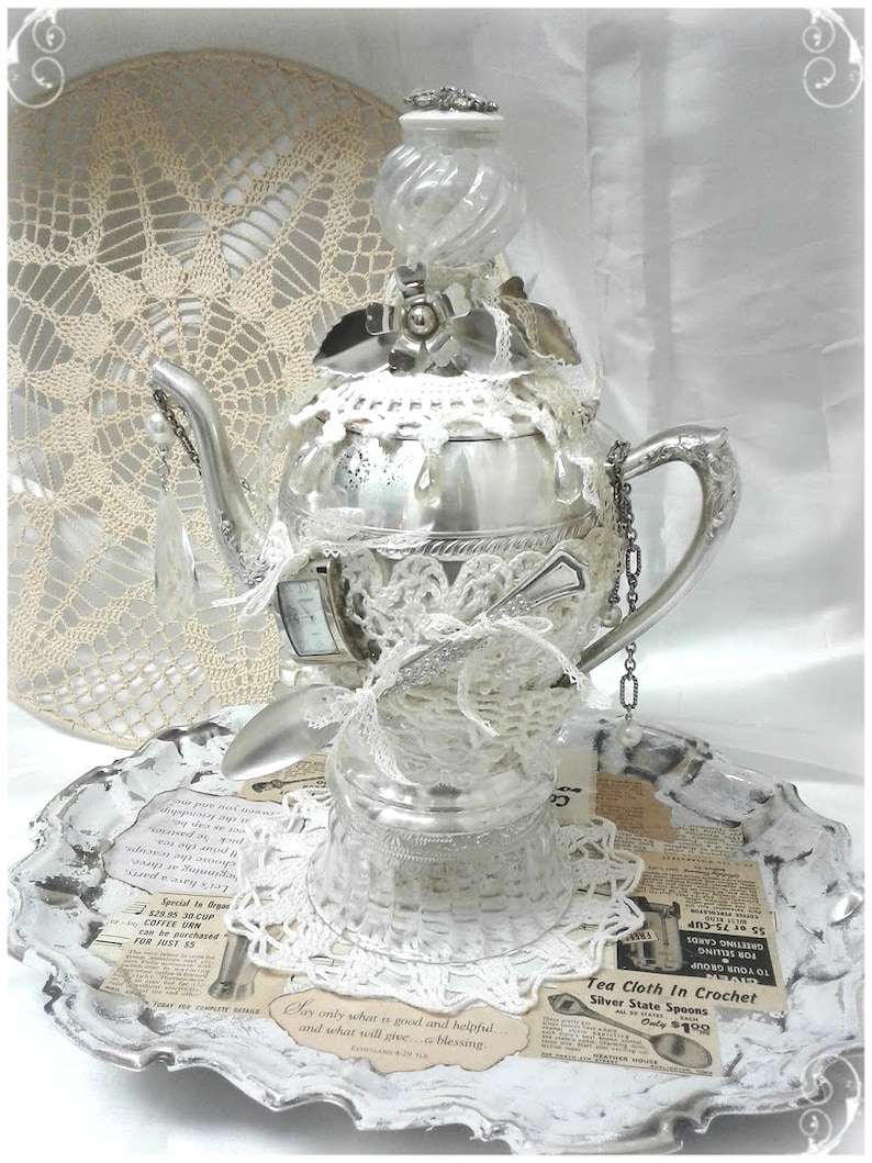 Repurposed Silver Teapot Tea Set Decoupage Ephemera Tray | Etsy