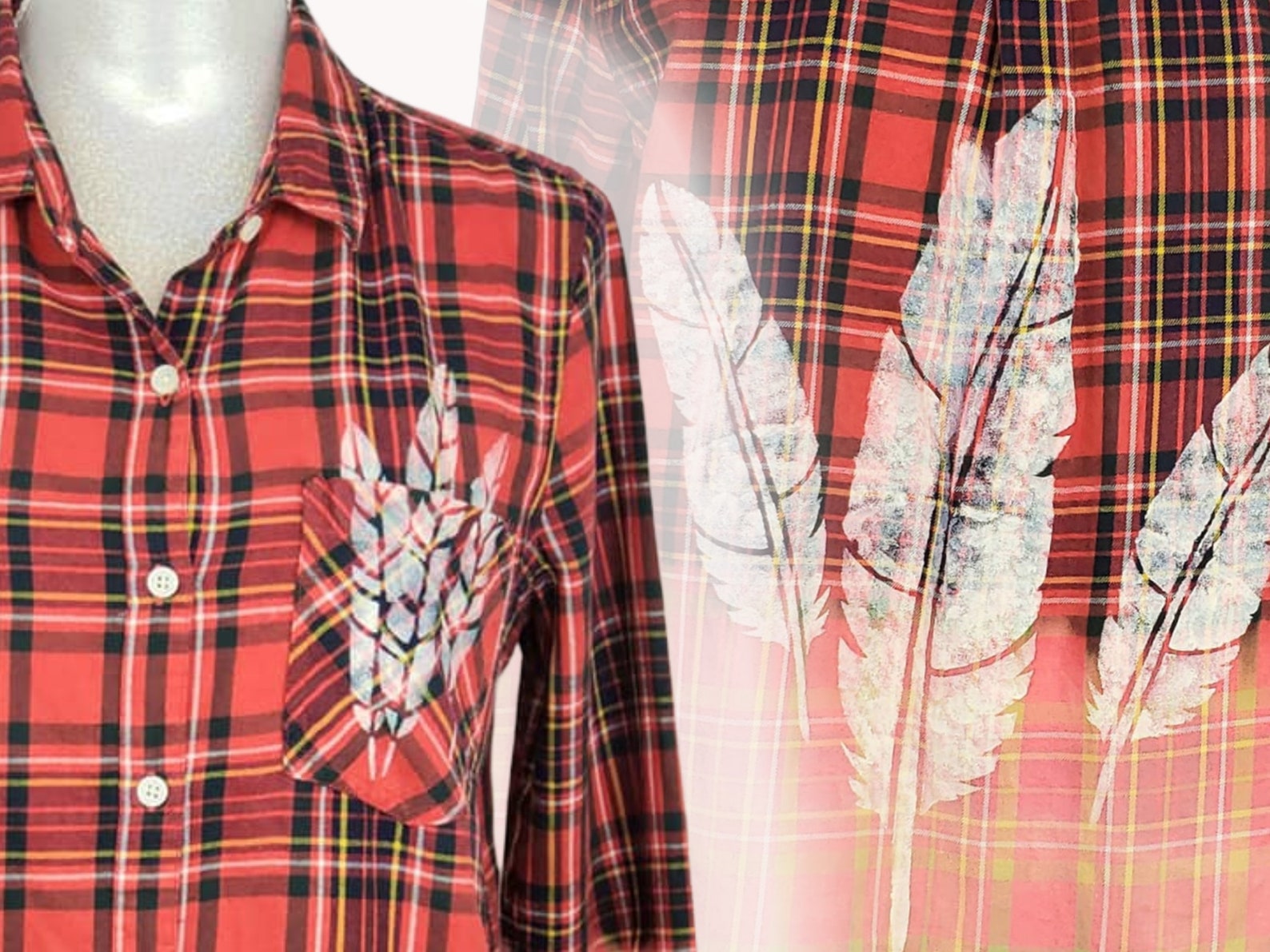 Old Half Bleached Discolored Plaid Flannel Shirt With Painted - Etsy