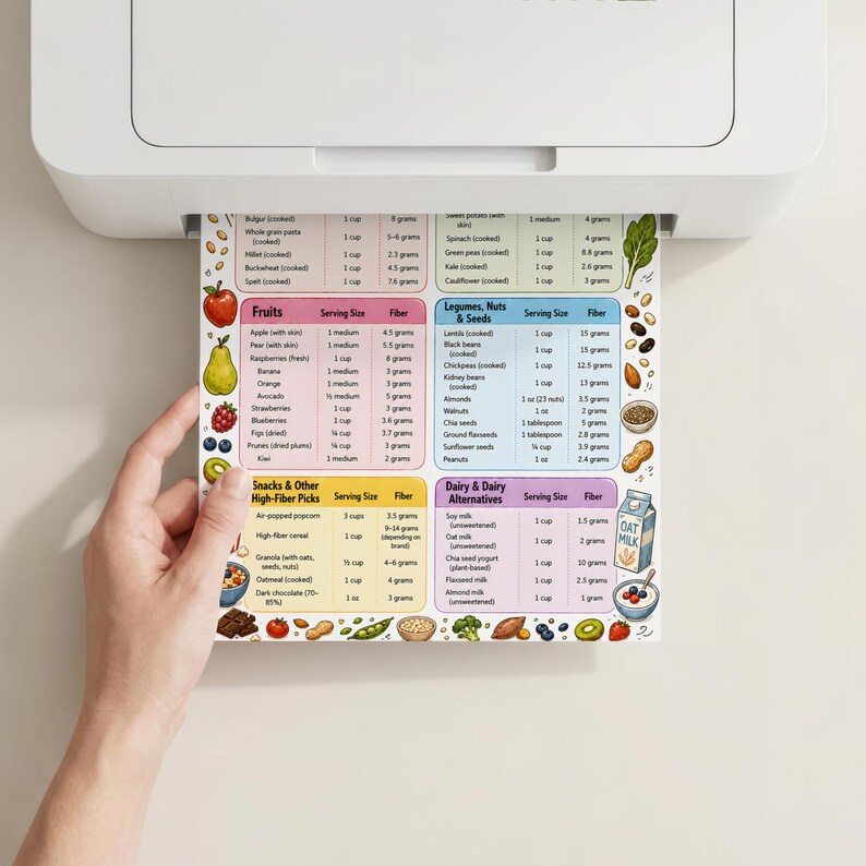 High Fiber Food List Printable PDF, Healthy Eating Chart, Nutrition ...