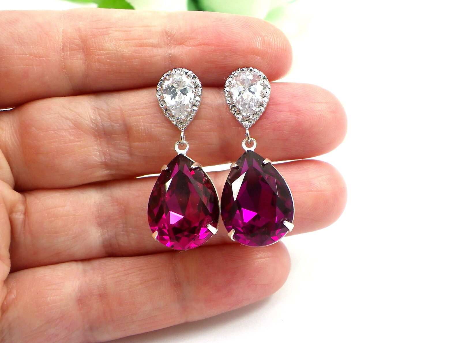 Fuchsia Necklace and Earrings Set Magenta Crystal Earrings - Etsy