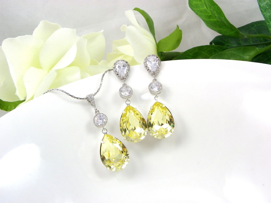 Jonquil Stone Set, Light Yellow Teardrop Bride Necklace, Swarovski ...
