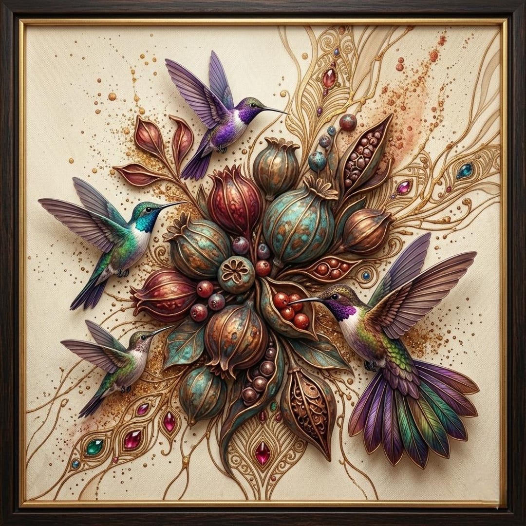 Luxury Hummingbird Art, Ornate Botanical Seed Pods, Intricate Nature ...