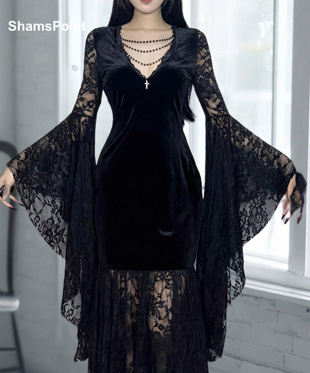Black Gothic Lace Velvet Maxi Dress – Elegant Bell Sleeve Witch Dress ...