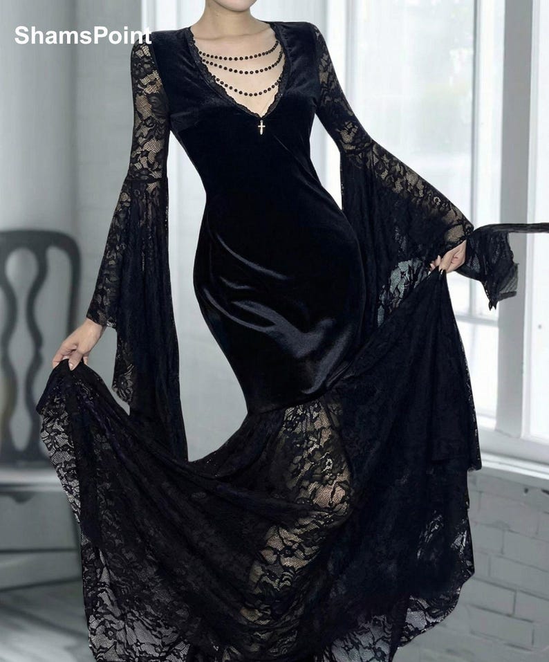 Black Gothic Lace Velvet Maxi Dress – Elegant Bell Sleeve Witch Dress ...