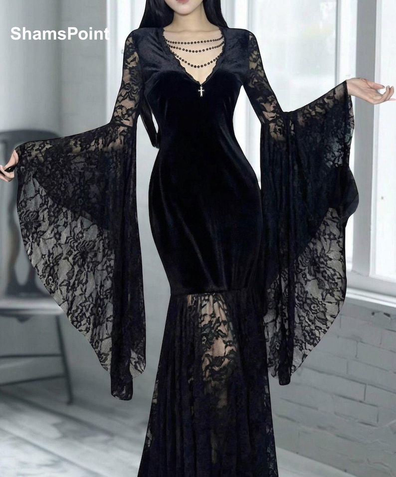 Black Gothic Lace Velvet Maxi Dress – Elegant Bell Sleeve Witch Dress ...