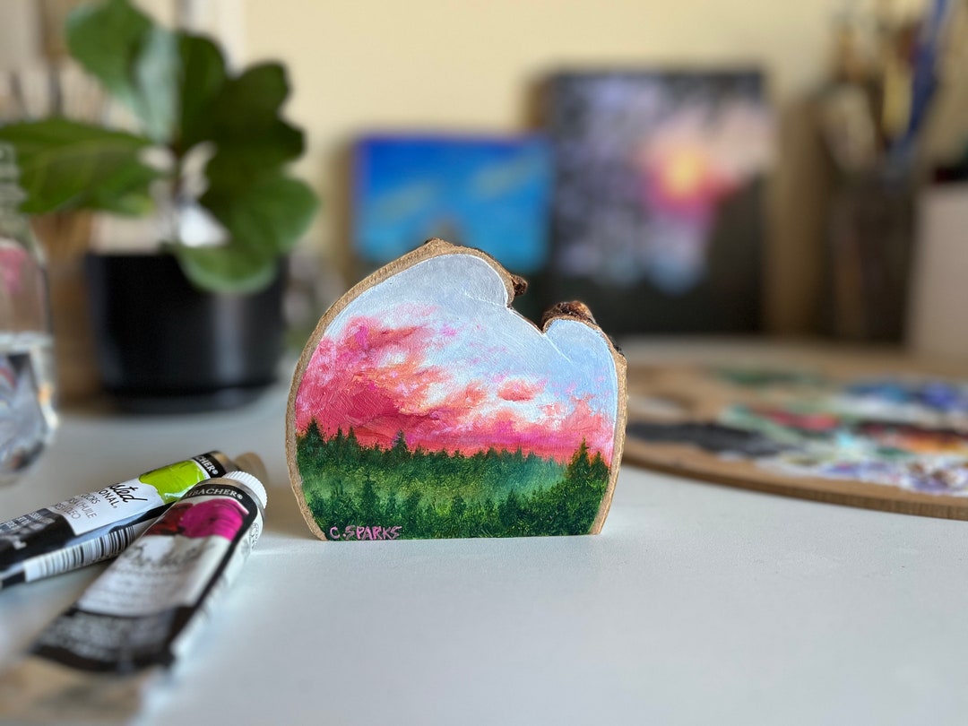 Sunset Wood Slab Painting, Cloud Art, Sustainable Home Decor, Nature ...