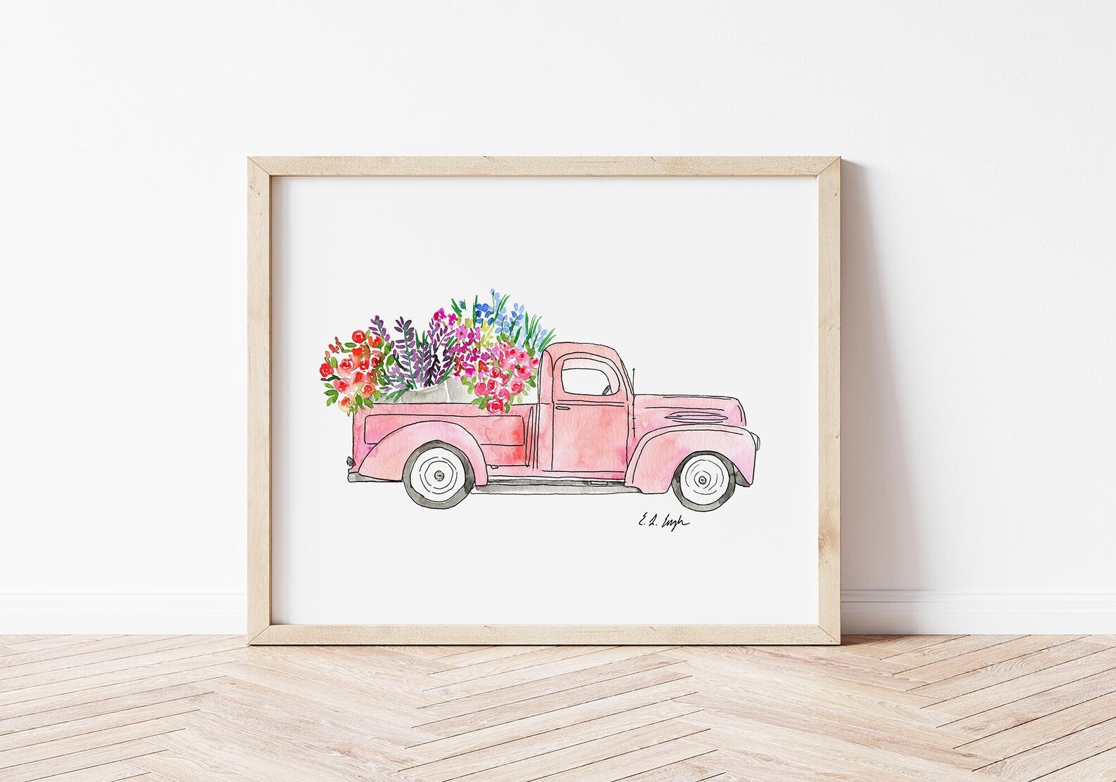 Pink Flowers Truck Printable Art Watercolor Wall Art - Etsy
