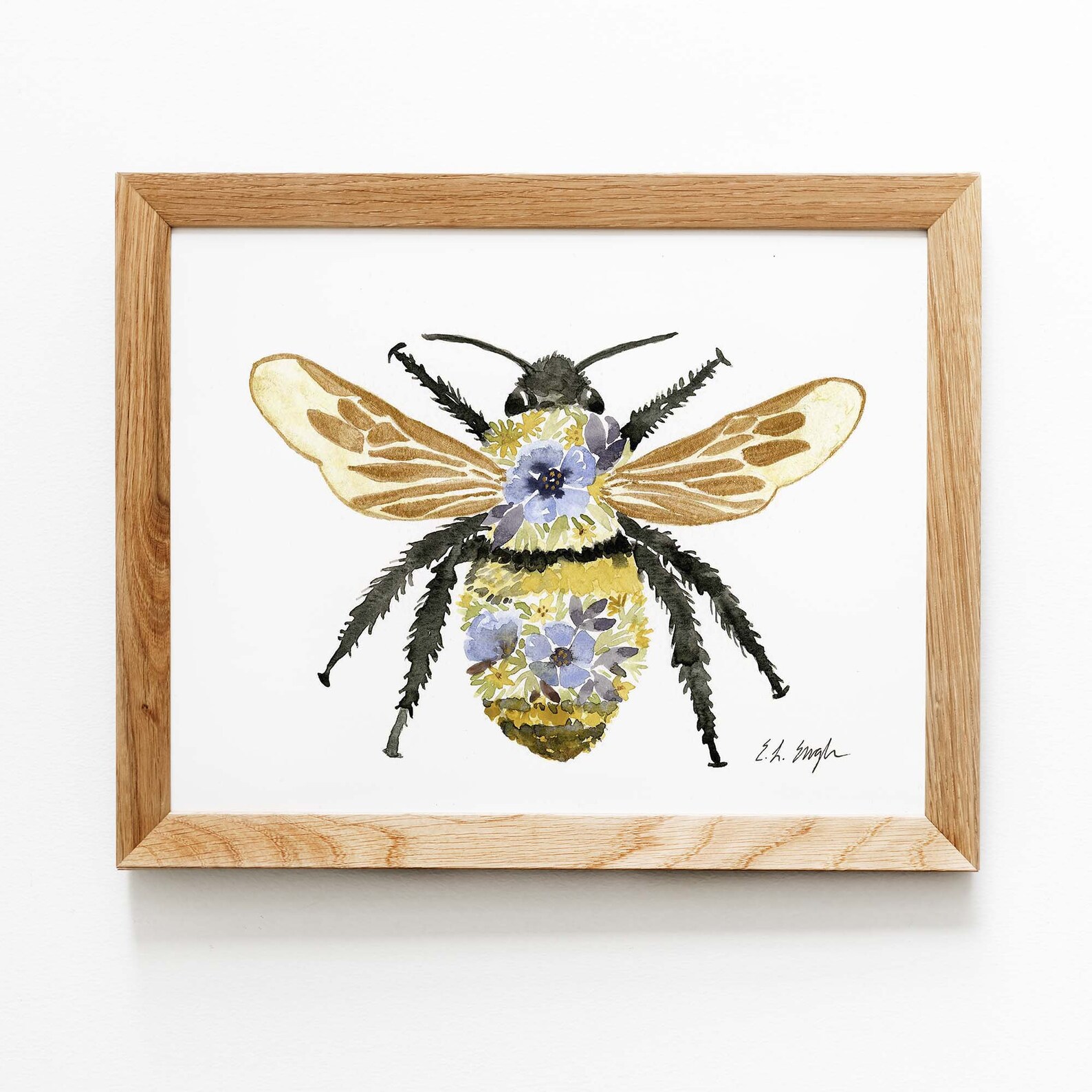 Gold and Blue Bee With Flowers, Watercolor Art Print, Bee Wall Art ...