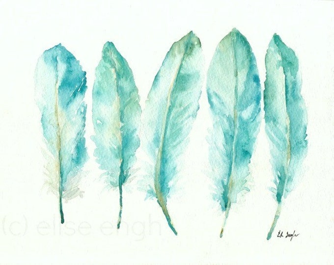 Original Watercolor Goose Feathers Painting Blue Teal - Etsy